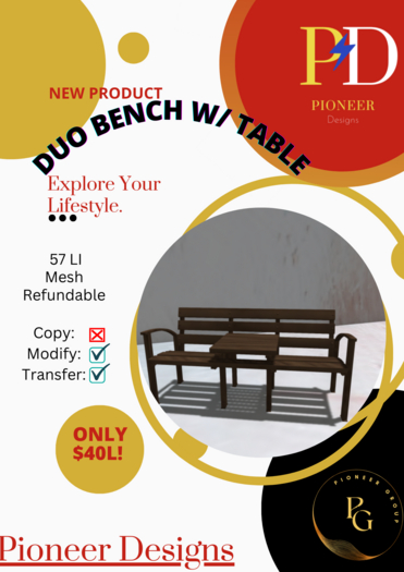 Second Life Marketplace - Pioneer Designs - Duo Bench With Table